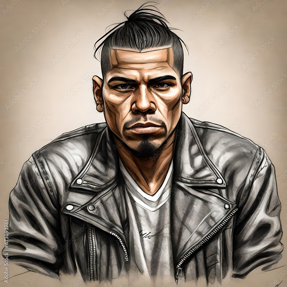 A pencil sketch style drawing of a young man motorcycle gang member ...
