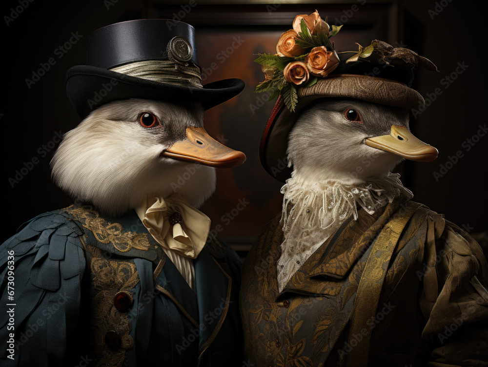 Quirky elegance as ducks don Victorian-era clothing, showcasing animals ...
