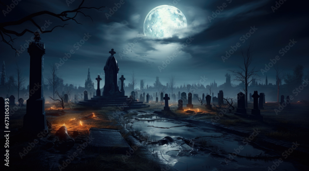 Full Moon over a dark mysterious cemetery. Crosses and graves at night ...