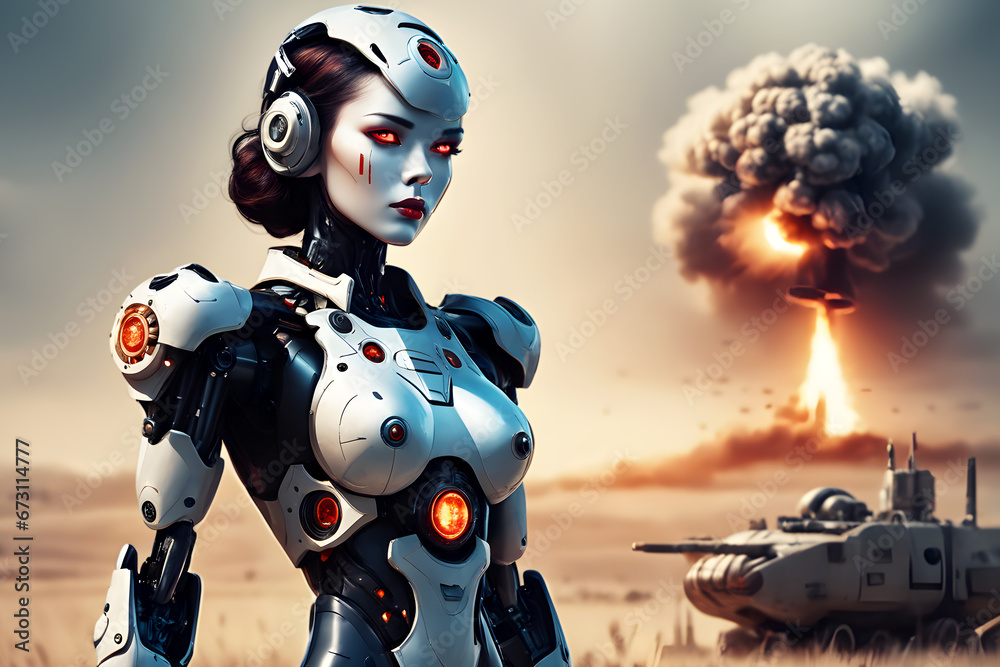 War Robot Cyborg woman, beautiful woman face, with gun, with nuclear ...