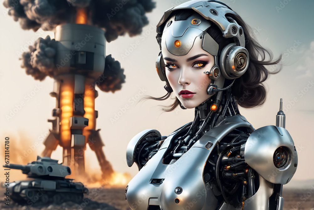 War Robot Cyborg woman, beautiful woman face, with gun, with nuclear ...