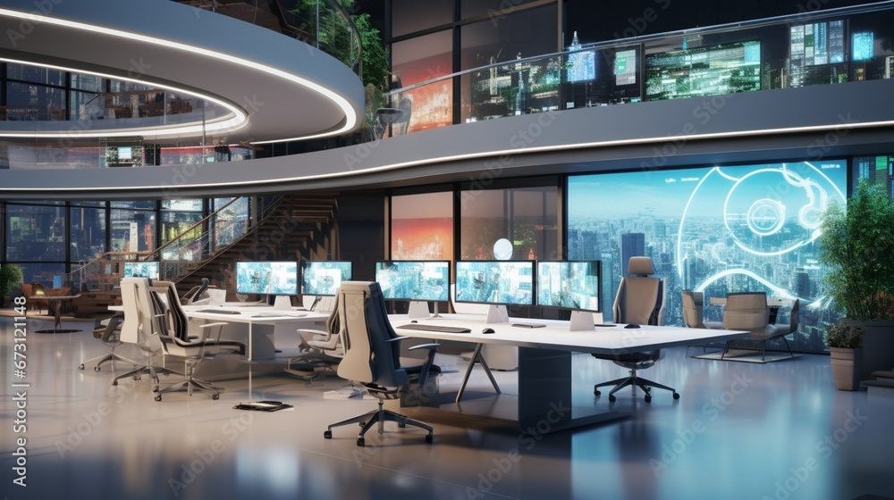 Design a high-tech office with integrated smart devices, ergonomic ...