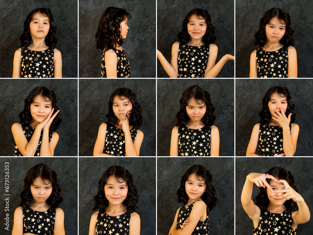 Actress emotions portfolio, Collage set of shots child oriental girl 8 ...