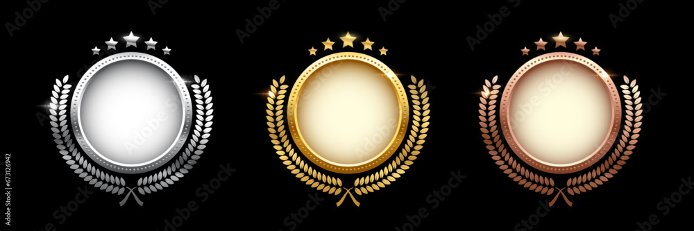 Set of shiny circle medals, laurel wreath with stars vector illustration. Chrome shining round ...