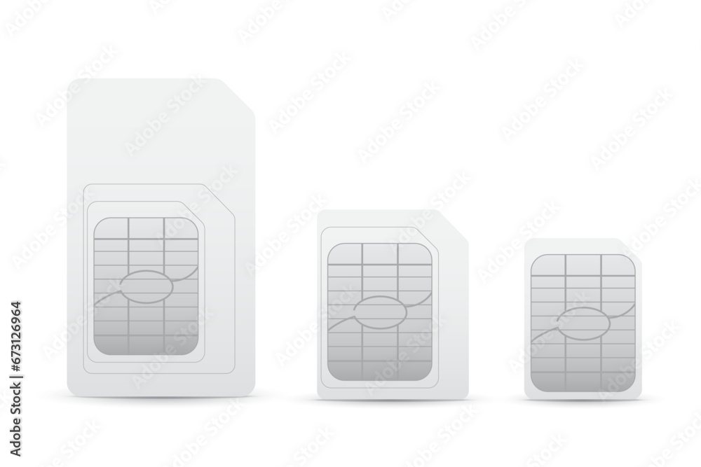 Set of different sizes SIM cards. White SIM, micro and nano cards with ...