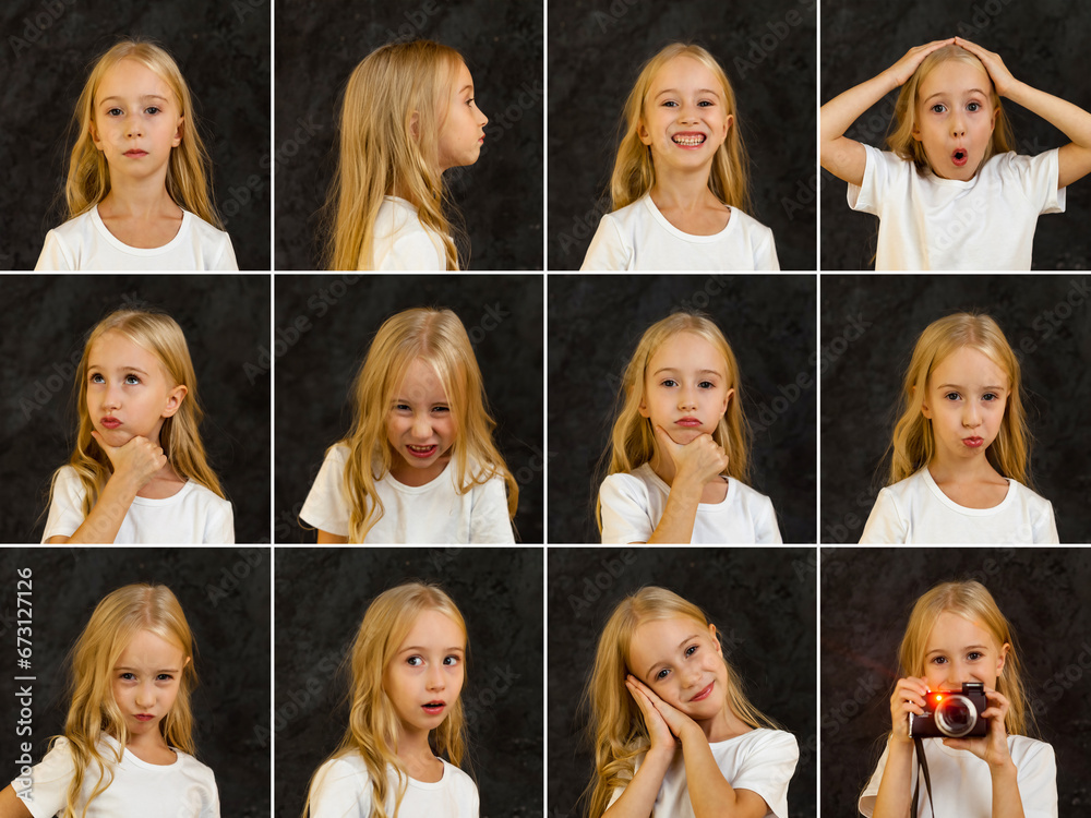 Portraits set of emotional child girl 6 year old with different facial ...