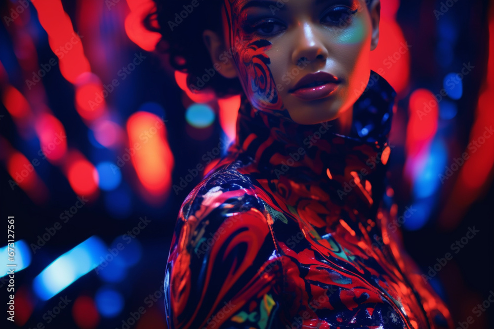 Young Model Poses with Grace and Poise, Her Vivid Body Paint ...