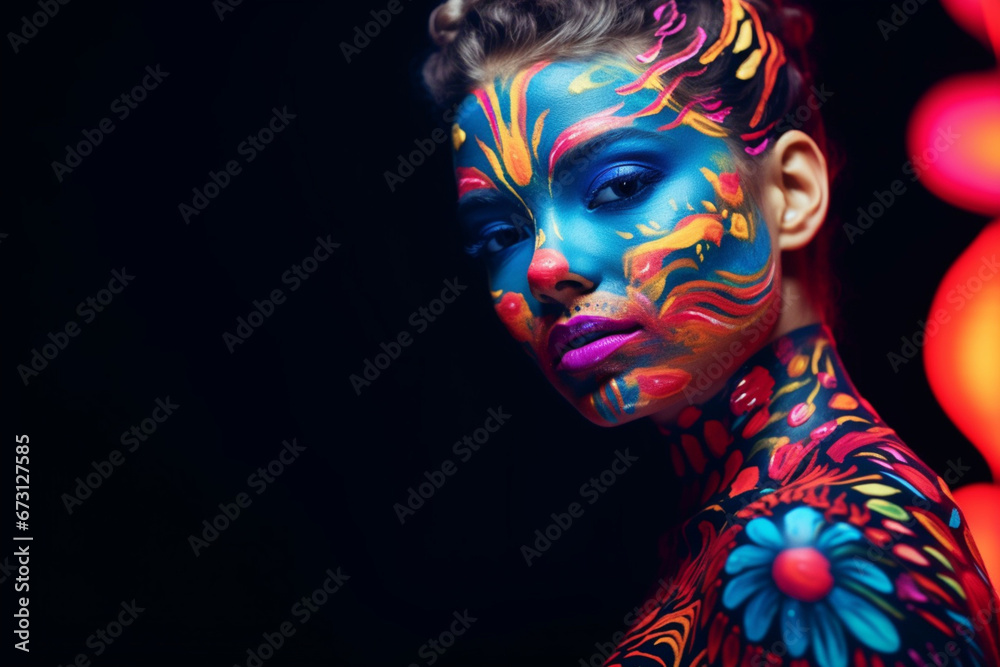 Young Model Poses with Grace and Poise, Her Vivid Body Paint ...