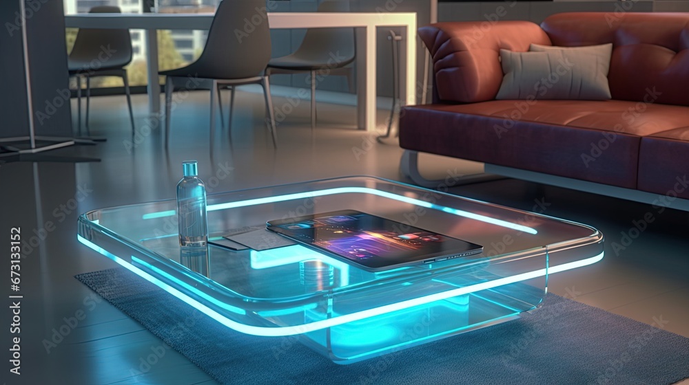 Glowing digital modern living room interior. VR smart home connected to ...