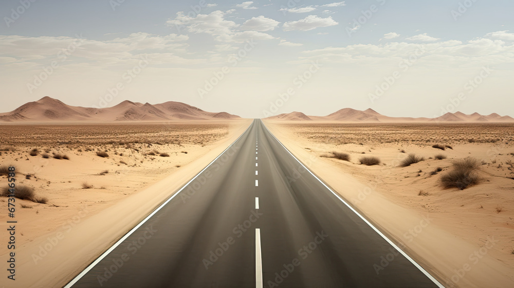 empty road in desert, sand dunes in the desert, Landscape view of dusty ...