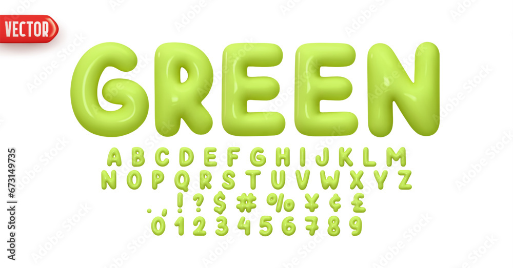 Font realistic 3d design, green colors. Complete alphabet and numbers ...