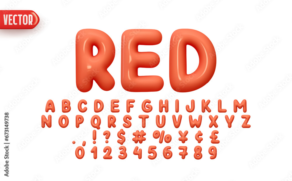 Red Font realistic 3d design. Complete alphabet and numbers from 0 to 9 ...