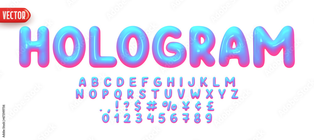 Font realistic 3d design, hologram gradient colors. Complete alphabet ...