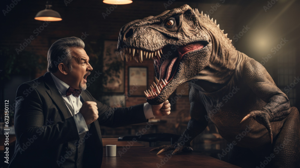 Man arguing with young tyrannosaurus. Having a dispute with dinosaur ...