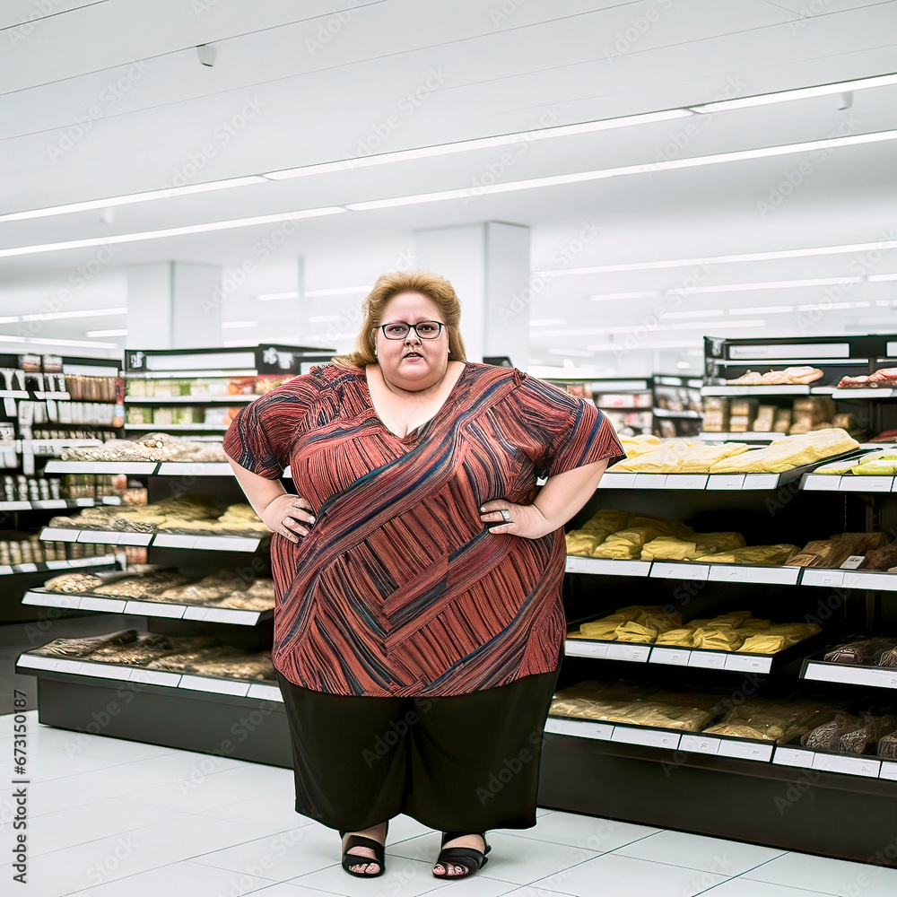 Overweight woman with glasses and plaid shirt stands with hands on hips ...
