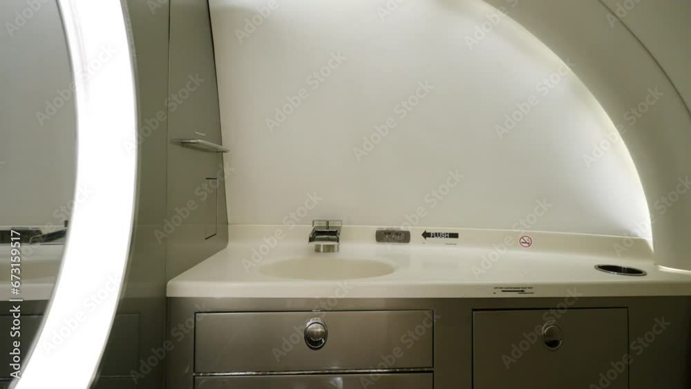 Push in shot of private jet restroom with luxury amenities. Enclosed ...