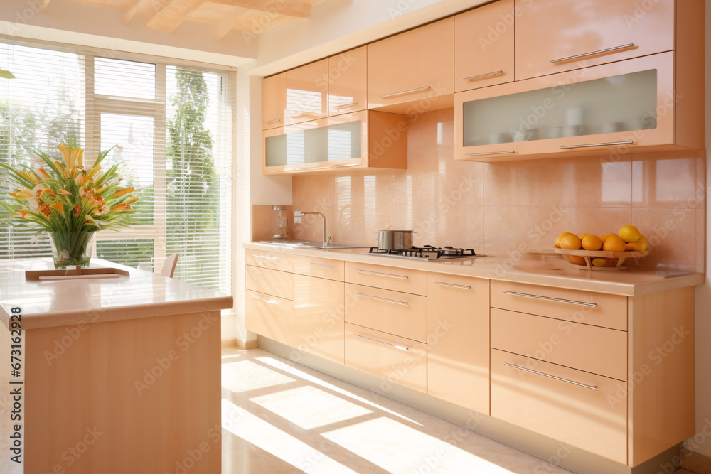 Sunlit modern kitchen with peach-toned cabinets. Warm interior design ...