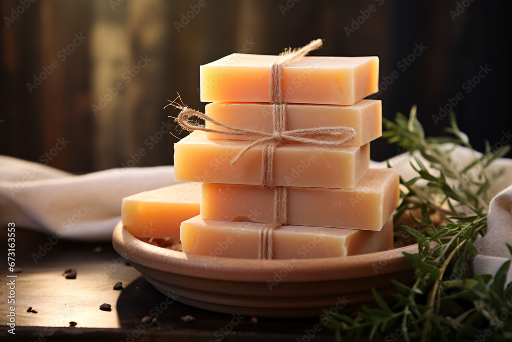 Stacked natural soap bars with herbal essence. Handcrafted product ...