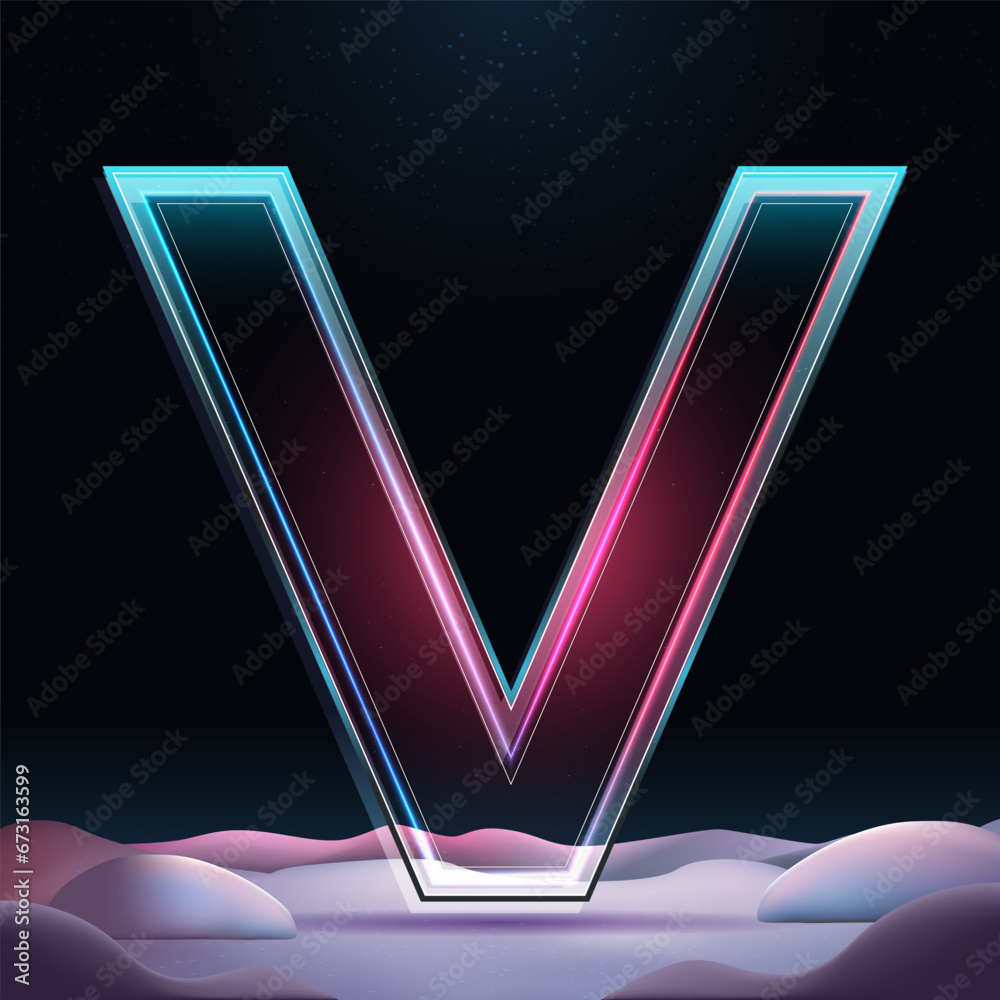 3D letter V with neon light insight. Glass letter with sparkles and ...