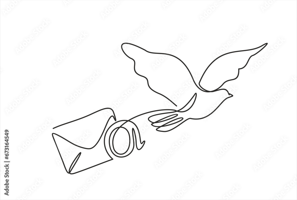 Continuous one line drawing of Flying Dove and post letter. One line ...