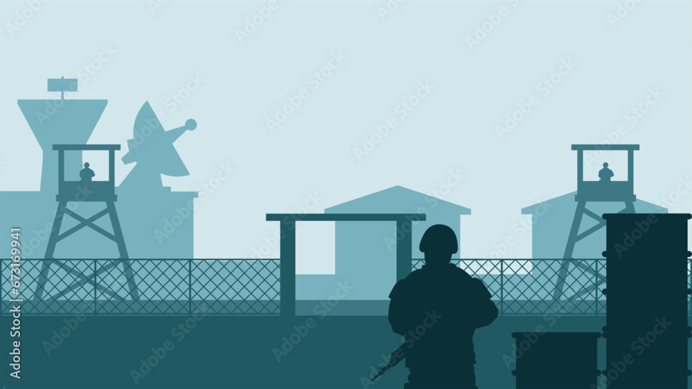 Military base landscape vector illustration. Silhouette of soldier at ...