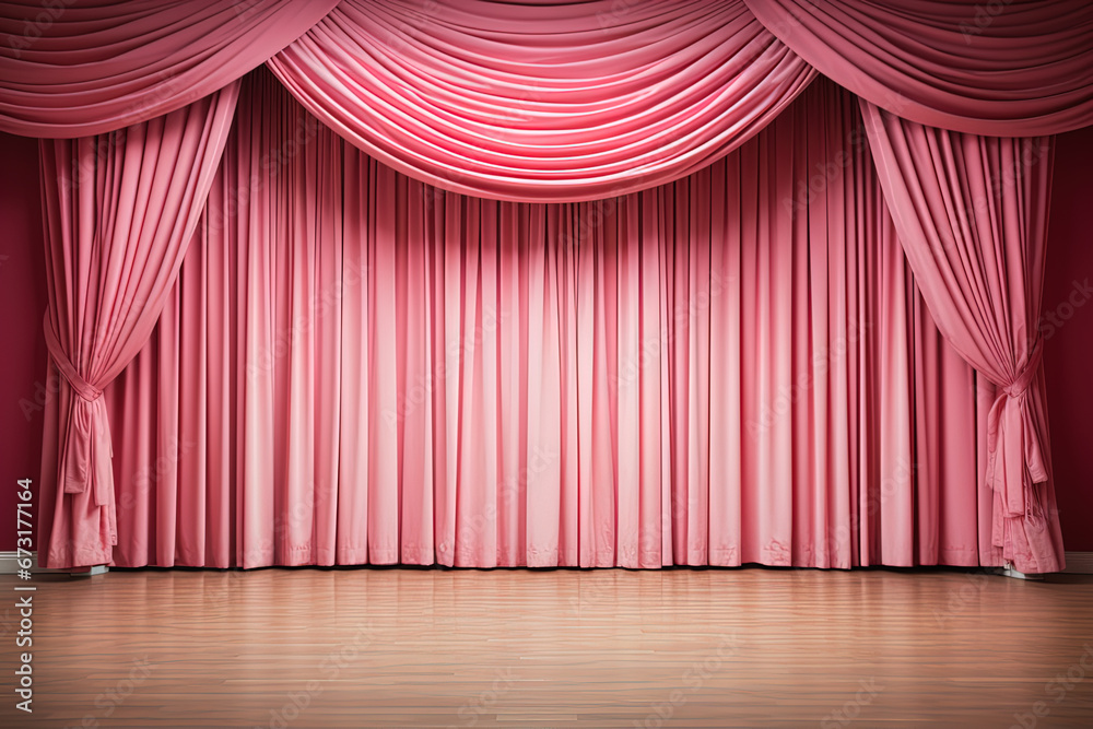 Background of a large bright empty theater stage with pink curtains ...