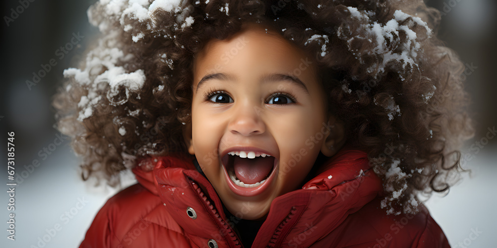 Black mixed race toddler child wearing a coat laughing and having fun ...