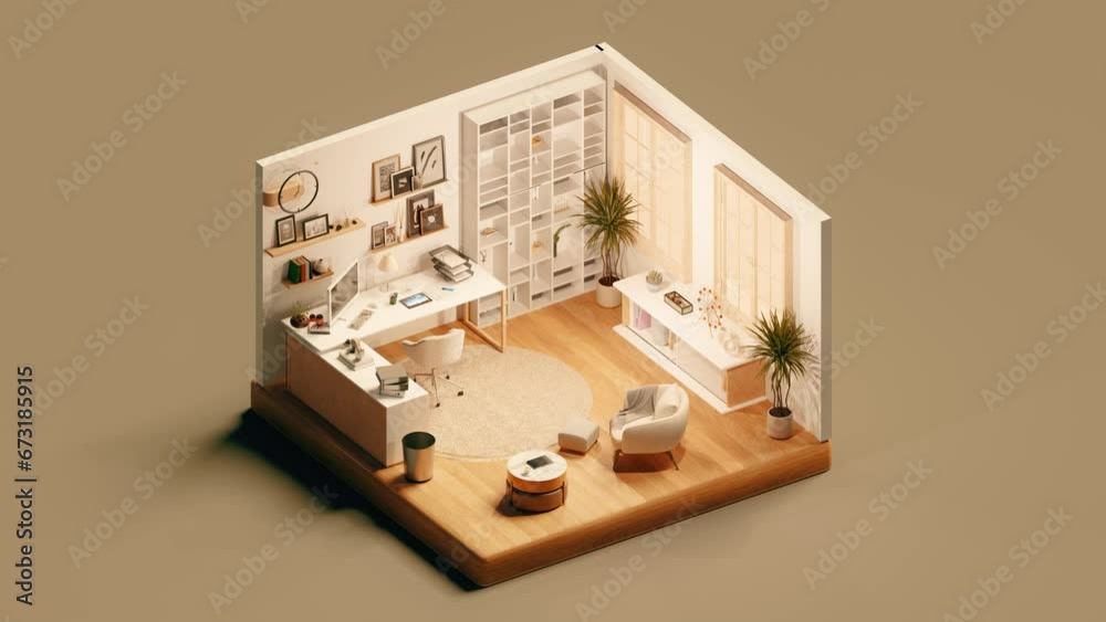 Isometric view of interior of modern study room in cartoon style. 3d ...
