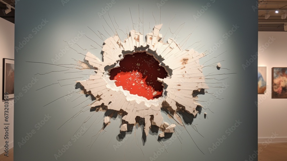 An art installation includes 2 bullet holes in the wall and in a ...