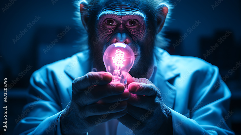 A Monkey Grasps a Light Bulb, Creative Explosion of Multicolored Paint ...
