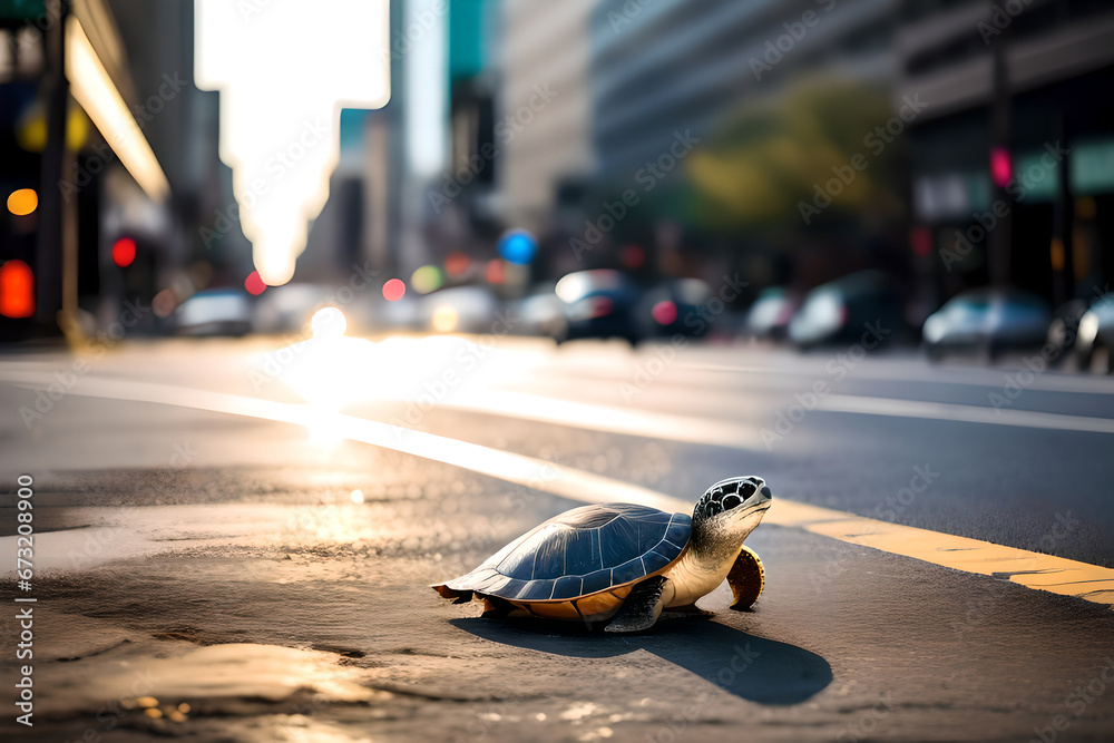 Turtle moving very quickly down a busy city street. AI generated ...