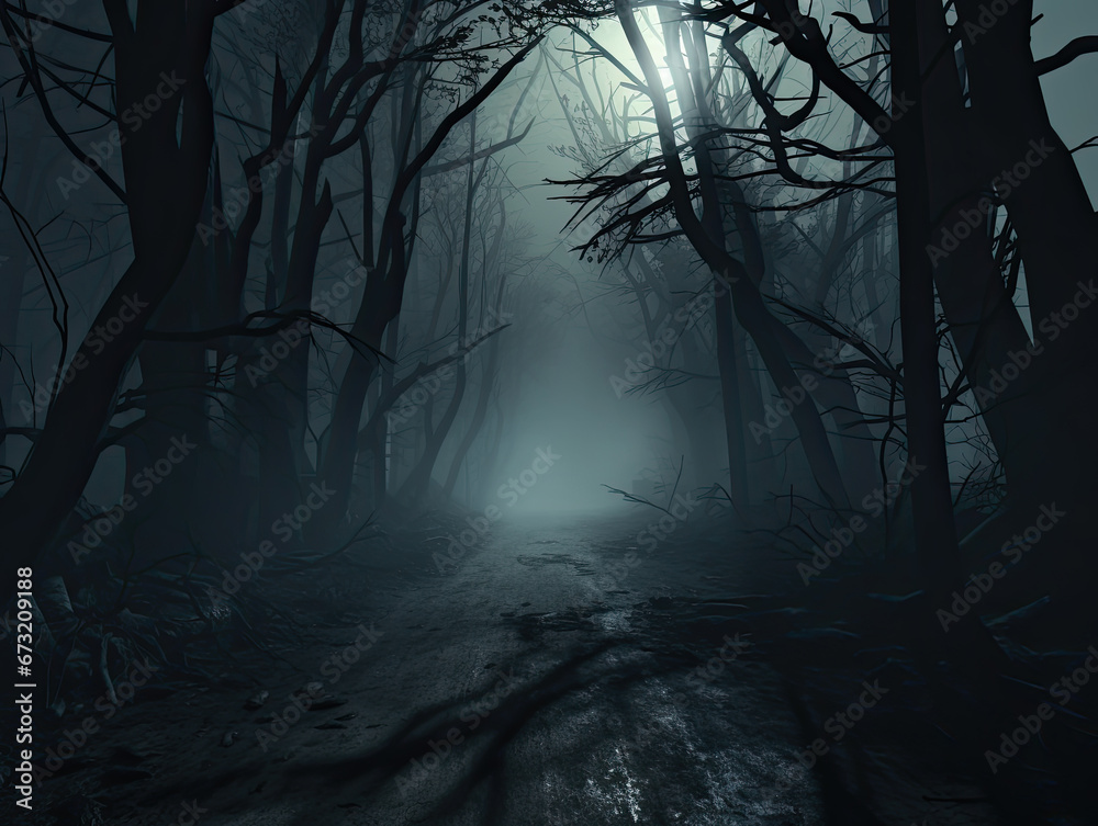 Amid the haunting forest, mist envelops hidden shadows, crafting a ...