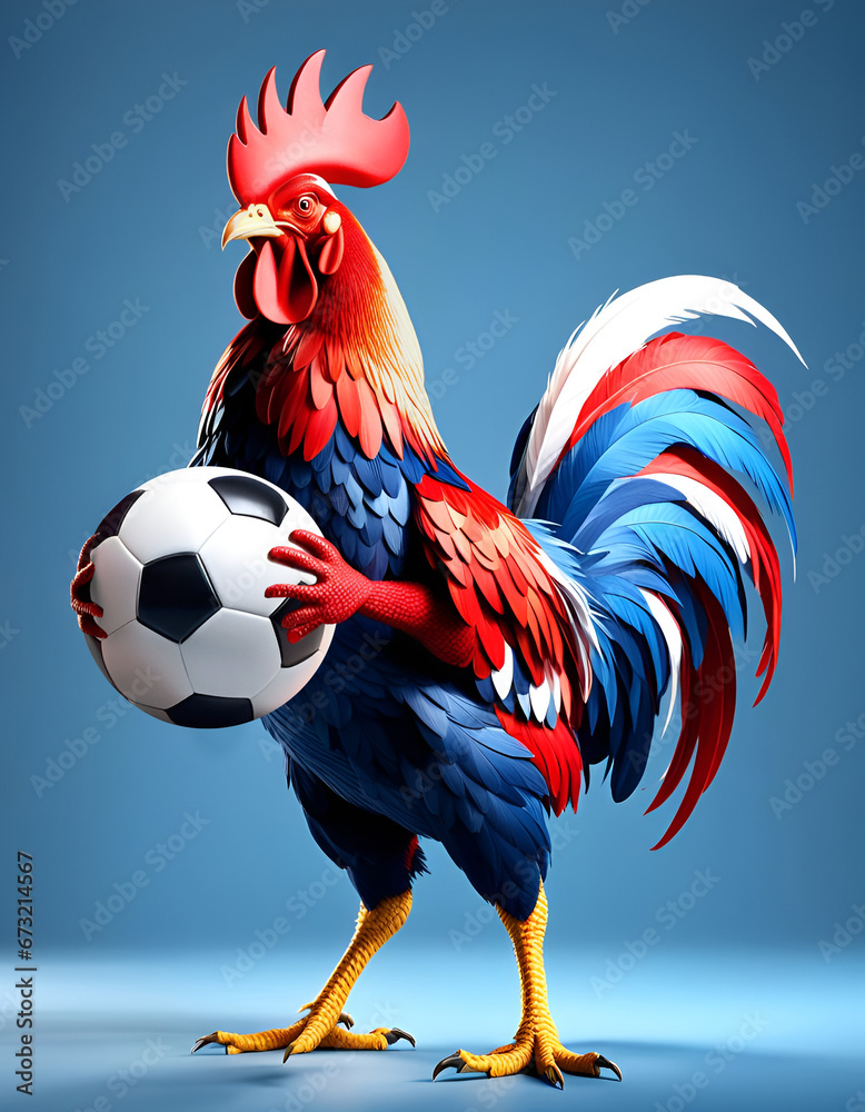 Coq tricolore bleu blanc rouge tenant un ballon de foot dans ses mains ...