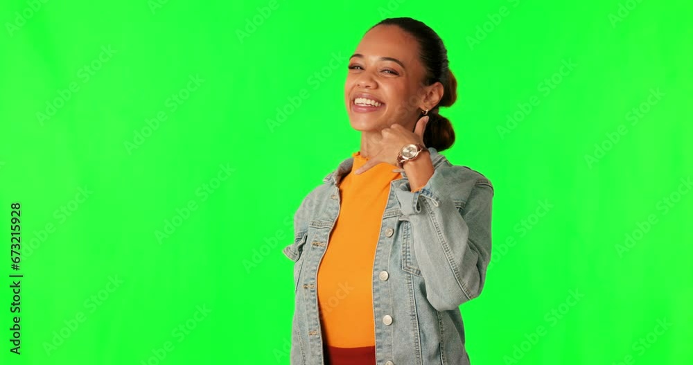 Call me, young woman and happy on a green screen for flirting on a ...