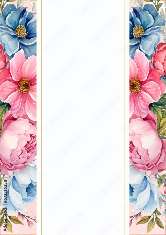 Pink white and blue invitation background bouquet watercolor painting ...