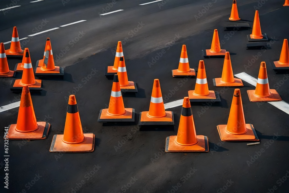 Construction cones marking part of road with a layer of fresh asphalt ...
