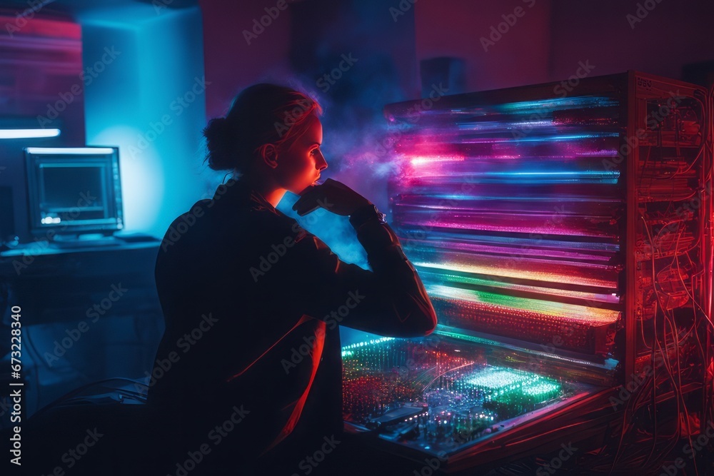 female hacker using laptop in server room. cyber data attack, hacking system concept female ...