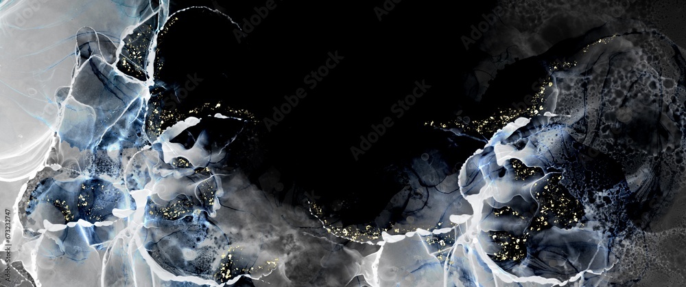 Alcohol ink background with golden path design elements, deep dark ...