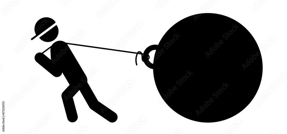 Man pulling weight. Stick figure man pulls a huge weight. Businessman ...