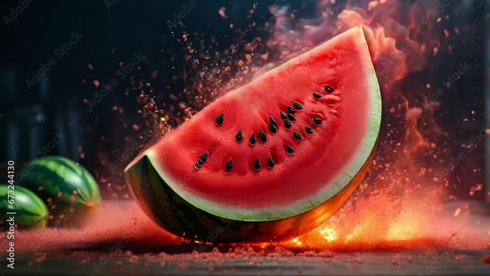 slice of watermelon on fire, seamless looping video animated background ...