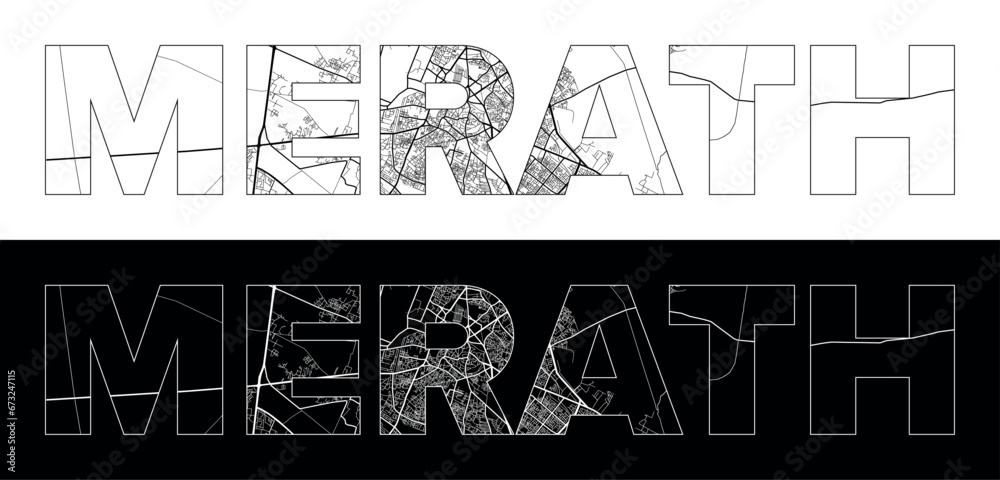 Merath City Name (India, Asia) with black white city map illustration ...
