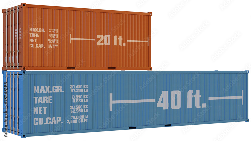 Shipping Containers 20 feet and 40 feet size. 3D Illustration with PNG ...