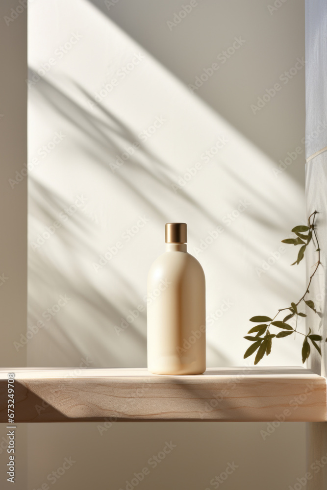 shampoo bottle product photography, standing on a wood table stage ...