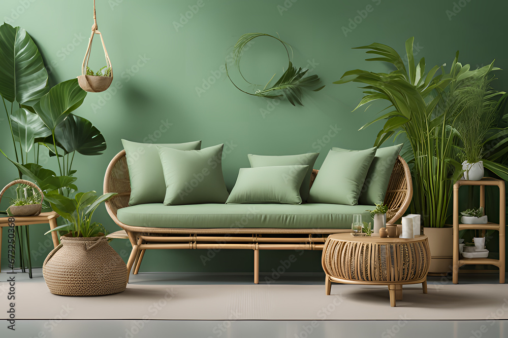 Rattan sofa with light green cushions, wicker basket and big plants ...