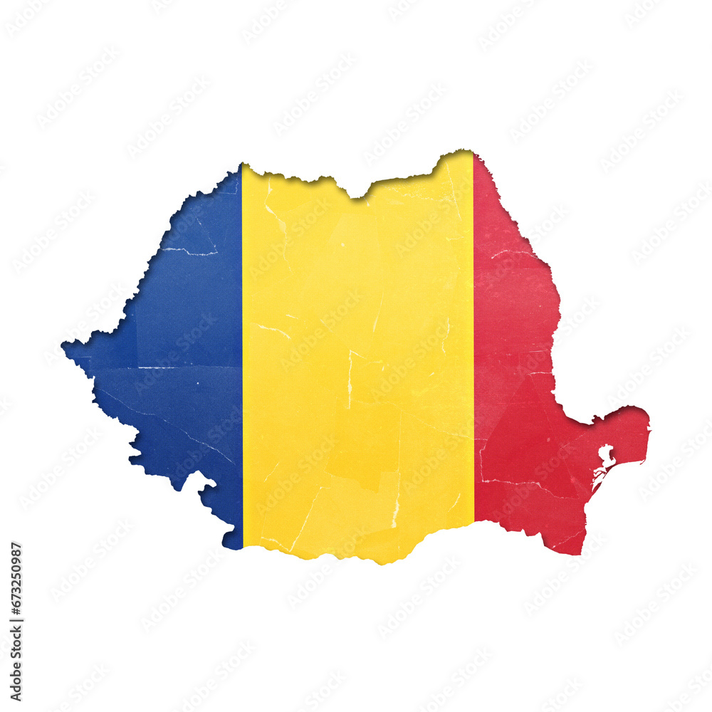 Romania country map and flag in cutout style with distressed torn paper ...