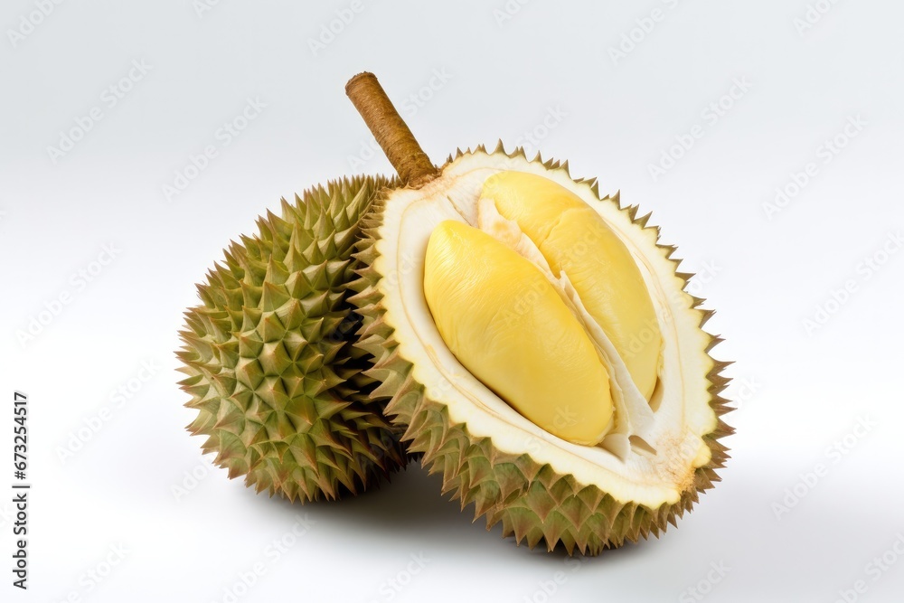 Fresh durian segment with spiky skin, distinct contrast on white ...