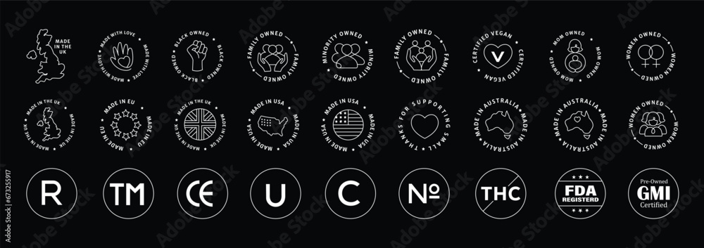 Origin and Regulatory Icons. Includes Made in USA, UK, EU, Australia ...