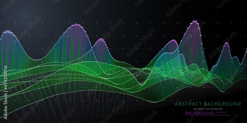 Abstract background wavy graphs from color spheres and lines grid ...