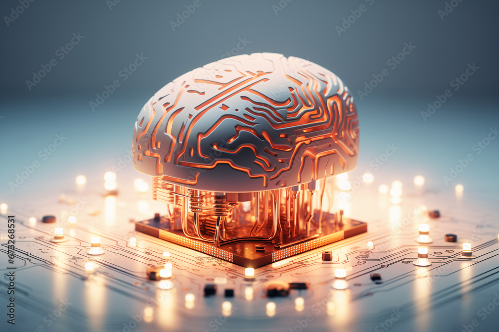 Human brain 3d model, circuit chip, quantum computer concept ...