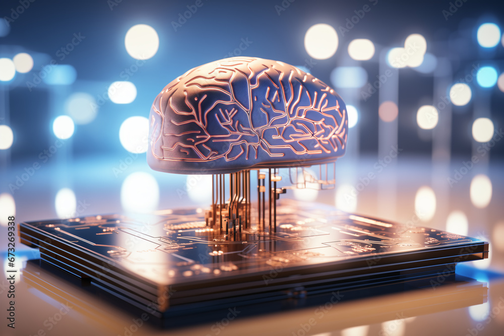 Human brain 3d model, circuit chip, quantum computer concept ...